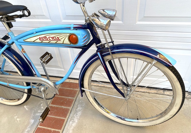 Sold - 1937 Schwinn Autocycle restored bike, Jewel tank, twin silver ...