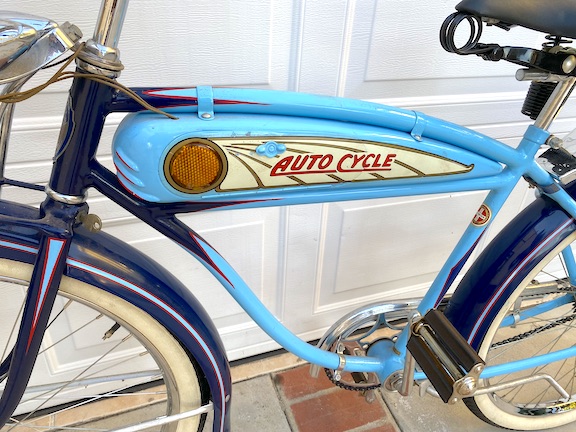 Sold - 1937 Schwinn Autocycle restored bike, Jewel tank, twin silver ...