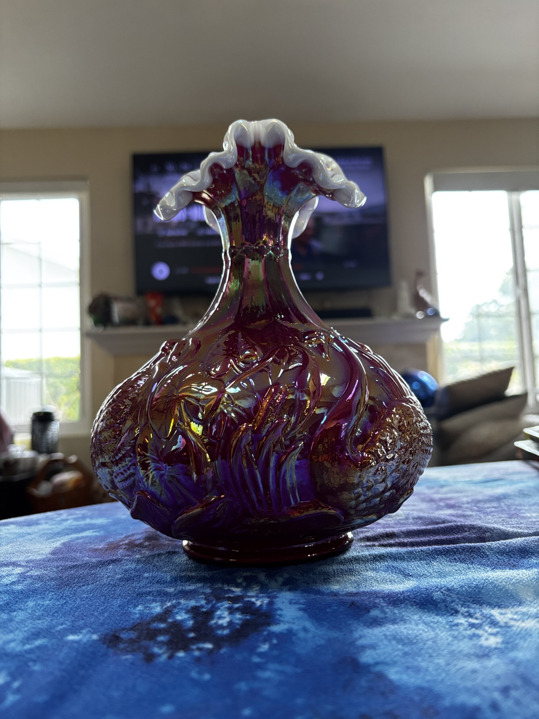 Fenton Vase RUBY RED IRIDESCENT CARNIVAL GLASS OVERLAY SWAN CATTAIL ...