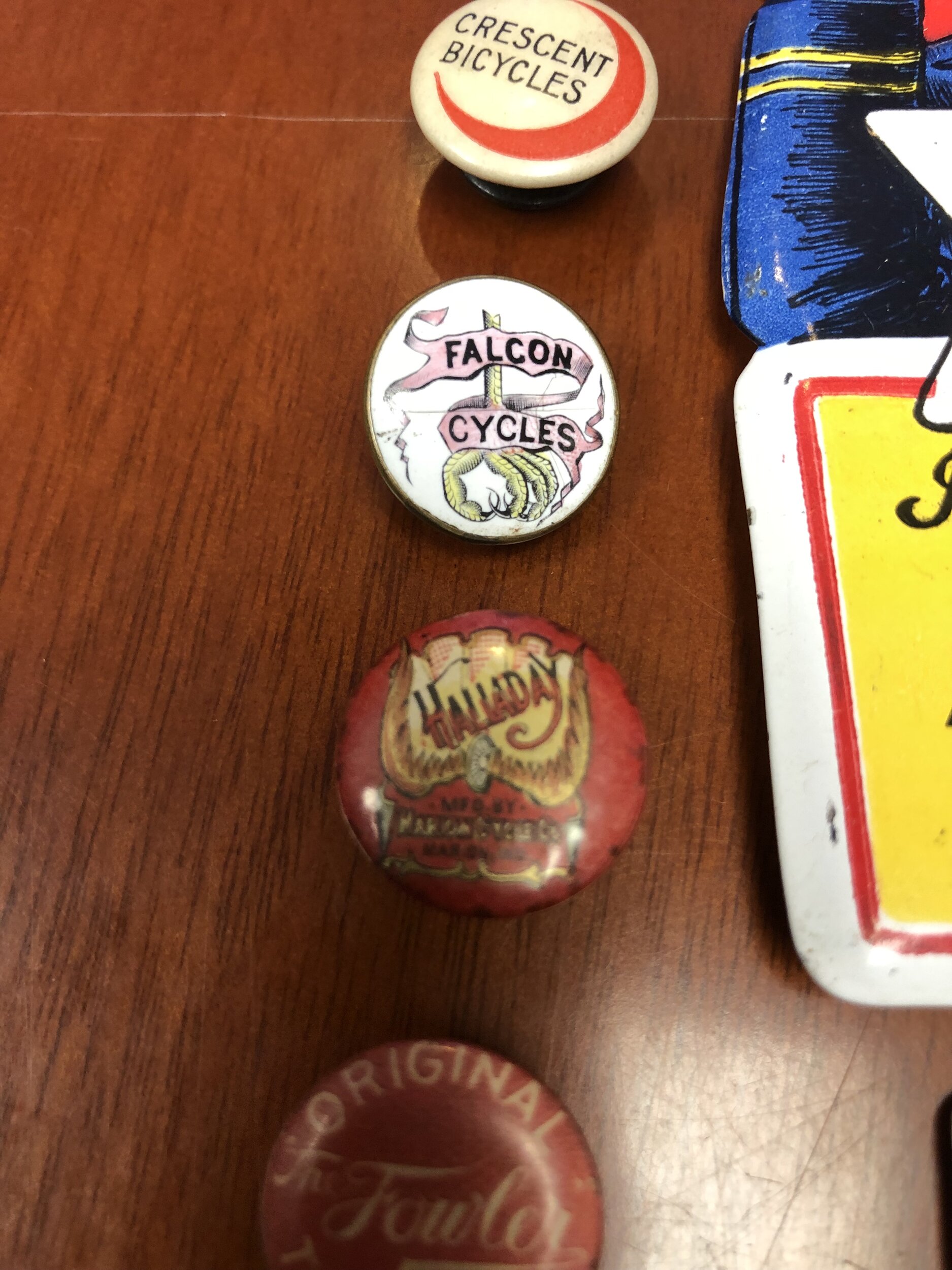 Early Bicycle buttons/pins and topper | Sell - Trade: Bicycle Parts ...