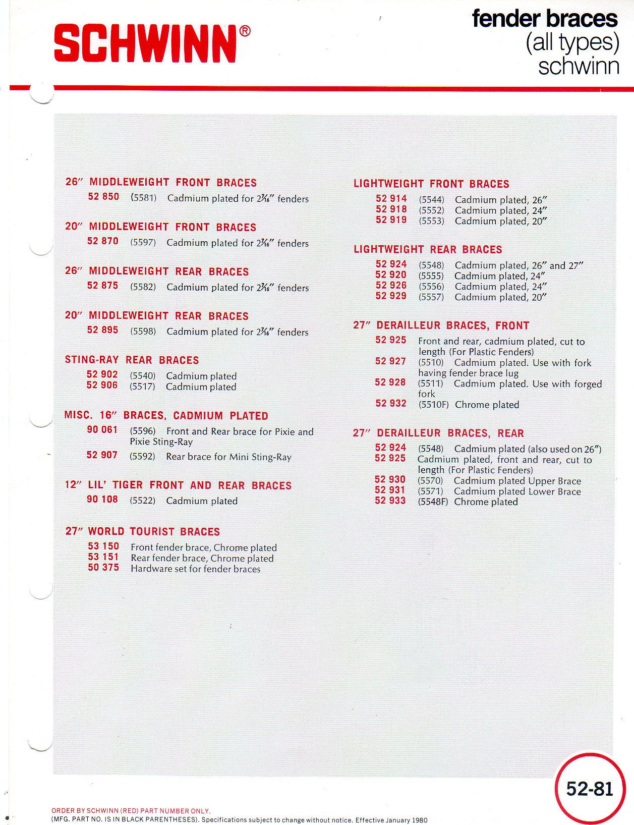 SCHWINN Catalog Fender Brace Part Numbers Identification Chart List ...